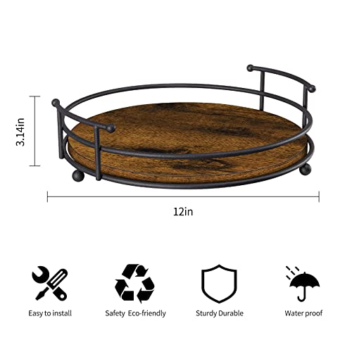 Honiter Wooden Serving Tray, Decorative Tray for for Coffee Table Centerpieces, Coffee Table Tray, Wood and Metal Serving Tray with Handles, Round Tray, Farmhouse Ottoman Tray for Kitchen Countertop