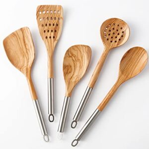 olive wooden spoons for cooking, nayahose 5 pcs cooking utensils set with stainless steel handle, heat-resistant olive wood spatulas for non-stick pan