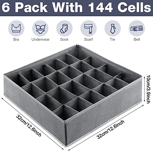 6 Pieces Sock Underwear Drawer Organizer Dividers 144 Cell Sock Drawer Organizers Foldable Cabinet Closet Organizer Underwear Storage Box for Storing Socks Underwear Ties