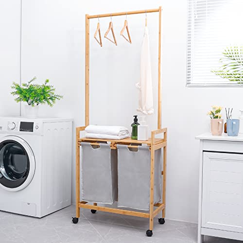 Homde Laundry Basket,Bamboo Laundry Sorter Cart Rolling with Clothes Hanging Rod, 2 Section Laundry Hamper with Wheels, Removable Sliding Bags, Utility Laundry Storage Organizer for Bathroom