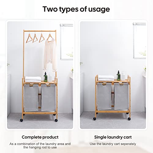 Homde Laundry Basket,Bamboo Laundry Sorter Cart Rolling with Clothes Hanging Rod, 2 Section Laundry Hamper with Wheels, Removable Sliding Bags, Utility Laundry Storage Organizer for Bathroom