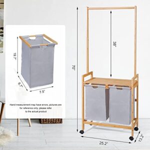 Homde Laundry Basket,Bamboo Laundry Sorter Cart Rolling with Clothes Hanging Rod, 2 Section Laundry Hamper with Wheels, Removable Sliding Bags, Utility Laundry Storage Organizer for Bathroom