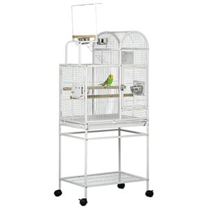 pawhut 55" large parrot cage with toy hooks above top bird perch, tray, food cups, rolling stand, bird cage for cockatiels, parakeets, lovebirds