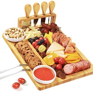 Bamboo Charcuterie Cheese Board Set - Serving Meat Cheese Platter, Charcuterie Board Set with 4 Stainless Steel Cheese Knife, Ideal for Parties, Wedding, Housewarming