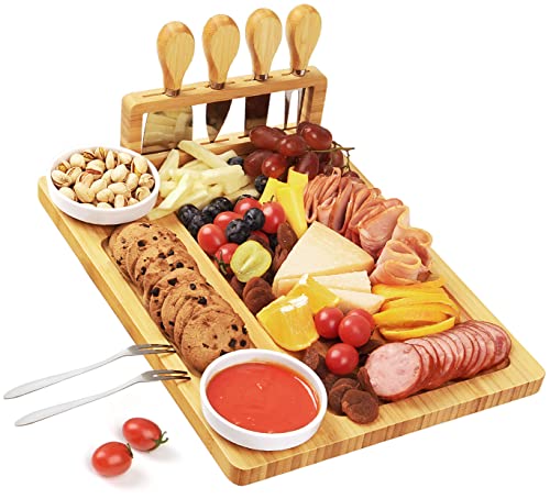 Bamboo Charcuterie Cheese Board Set - Serving Meat Cheese Platter, Charcuterie Board Set with 4 Stainless Steel Cheese Knife, Ideal for Parties, Wedding, Housewarming