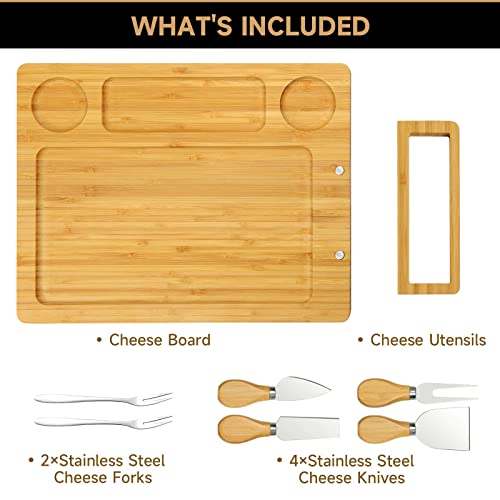 Bamboo Charcuterie Cheese Board Set - Serving Meat Cheese Platter, Charcuterie Board Set with 4 Stainless Steel Cheese Knife, Ideal for Parties, Wedding, Housewarming