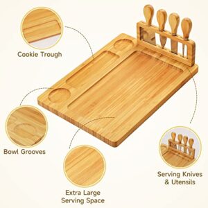 Bamboo Charcuterie Cheese Board Set - Serving Meat Cheese Platter, Charcuterie Board Set with 4 Stainless Steel Cheese Knife, Ideal for Parties, Wedding, Housewarming