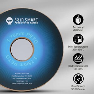 SainSmart Grow in The Dark Blue PETG Filament, 1.75mm PRO-3 PETG 3D Printer Filament, Glow Blue, 2.2 LBS (1KG) Spool, Dimensional Accuracy +/- 0.02mm