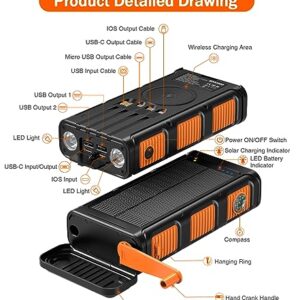 GOODaaa Power Bank Wireless Charger 45800mAh Built in Hand Crank and 4 Cables 15W Fast Charging Power Bank 7 Outputs & 4 Inputs Solar Portable Charger, SOS/Strobe/Strong Flashlights, Compass (Orange)