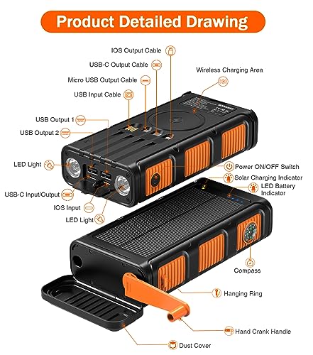 GOODaaa Power Bank Wireless Charger 45800mAh Built in Hand Crank and 4 Cables 15W Fast Charging Power Bank 7 Outputs & 4 Inputs Solar Portable Charger, SOS/Strobe/Strong Flashlights, Compass (Orange)