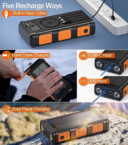 GOODaaa Power Bank Wireless Charger 45800mAh Built in Hand Crank and 4 Cables 15W Fast Charging Power Bank 7 Outputs & 4 Inputs Solar Portable Charger, SOS/Strobe/Strong Flashlights, Compass (Orange)