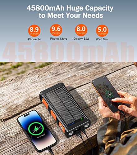 GOODaaa Power Bank Wireless Charger 45800mAh Built in Hand Crank and 4 Cables 15W Fast Charging Power Bank 7 Outputs & 4 Inputs Solar Portable Charger, SOS/Strobe/Strong Flashlights, Compass (Orange)