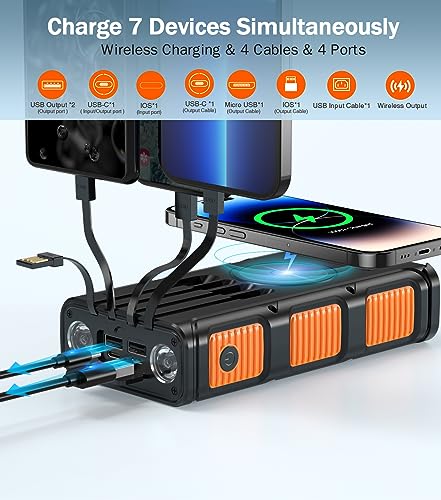 GOODaaa Power Bank Wireless Charger 45800mAh Built in Hand Crank and 4 Cables 15W Fast Charging Power Bank 7 Outputs & 4 Inputs Solar Portable Charger, SOS/Strobe/Strong Flashlights, Compass (Orange)