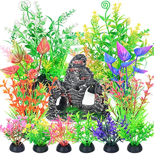 Borlech Aquarium Rock Decorations and Fish Tank Plastic Plants Decor Set 13 Pieces