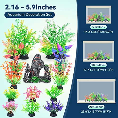 Borlech Aquarium Rock Decorations and Fish Tank Plastic Plants Decor Set 13 Pieces