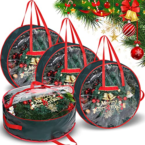 Christmas Wreath Storage Container 30 Inch Clear Wreath Storage Bags Plastic Wreath Bag with Dual Zippers and Reinforced Handles for Xmas Thanksgiving Holiday Artificial Wreath Storage(Green, 4 Pcs)