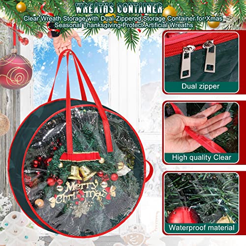 Christmas Wreath Storage Container 30 Inch Clear Wreath Storage Bags Plastic Wreath Bag with Dual Zippers and Reinforced Handles for Xmas Thanksgiving Holiday Artificial Wreath Storage(Green, 4 Pcs)