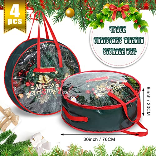 Christmas Wreath Storage Container 30 Inch Clear Wreath Storage Bags Plastic Wreath Bag with Dual Zippers and Reinforced Handles for Xmas Thanksgiving Holiday Artificial Wreath Storage(Green, 4 Pcs)