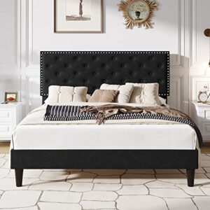 sha cerlin queen size velvet bed frame, upholstered platform bed with adjustable diamond button tufted headboard, rivet ornament, wood slat support, no box spring needed, easy assembly, black