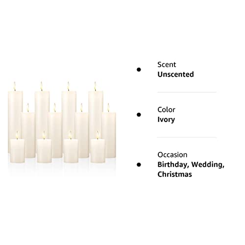 4 Sets 12 Pieces Ivory Pillar Candles Dripless Unscented Candles Paraffin Wax Tall Candles for Relaxation Wedding Spa Birthday Holiday Bath Party Restaurant Home Decor, 2'' x 3'', 2'' x 6'', 2'' x 9''