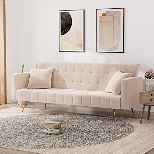 OUYESSIR Velvet Futon Sofa Bed with 2 Pillows, Convertible Futon Couch, Sturdy Sleeper Sofa in 71 inch, Small Futon Sofas (Beige)