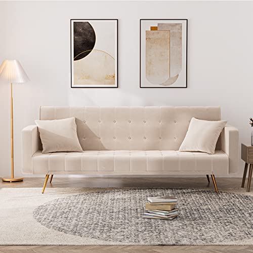 OUYESSIR Velvet Futon Sofa Bed with 2 Pillows, Convertible Futon Couch, Sturdy Sleeper Sofa in 71 inch, Small Futon Sofas (Beige)