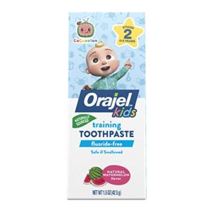 orajel kids cocomelon training toothpaste fluoride-free; #1 pediatrician recommended fluoride-free toothpaste*, 1.5oz tube