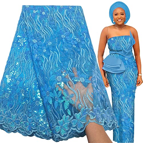 Bestway Floral Sequins Embroidery African Lace Fabric 5 Yards Nigerian French Tulle Lace for Party Dress(Turquoise Blue)