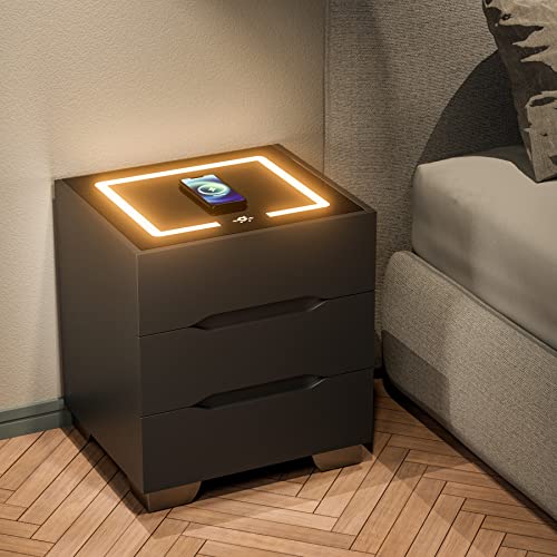 Smart Nightstand with Wireless Charging Station and LED Lights, Black Night Stands with 3 Drawers and USB Charging Port, Modern Bedside Table for Bedroom Furniture