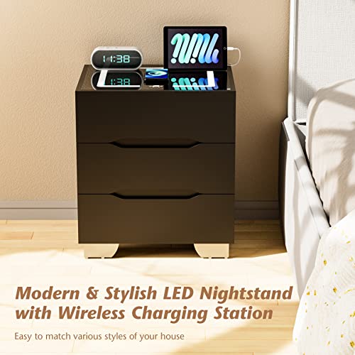 Smart Nightstand with Wireless Charging Station and LED Lights, Black Night Stands with 3 Drawers and USB Charging Port, Modern Bedside Table for Bedroom Furniture