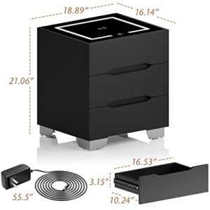 Smart Nightstand with Wireless Charging Station and LED Lights, Black Night Stands with 3 Drawers and USB Charging Port, Modern Bedside Table for Bedroom Furniture