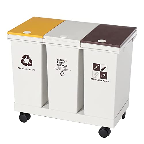 Kitchen Trash Can 16 gallon Recycle Bin,Triple Compartment Garbage Can,60L large capacity Trash Bins with Wheels,Plastic Waste Bin Sorting Garbage Container for Office Living Room,Grey,16 Gallon/60L