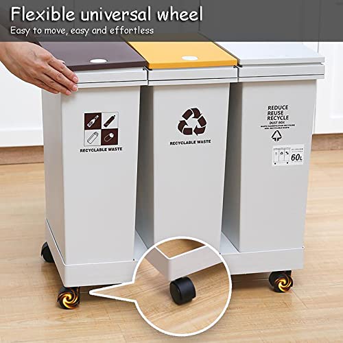 Kitchen Trash Can 16 gallon Recycle Bin,Triple Compartment Garbage Can,60L large capacity Trash Bins with Wheels,Plastic Waste Bin Sorting Garbage Container for Office Living Room,Grey,16 Gallon/60L