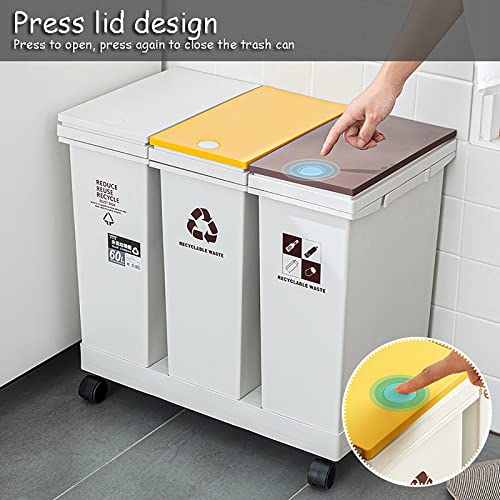 Kitchen Trash Can 16 gallon Recycle Bin,Triple Compartment Garbage Can,60L large capacity Trash Bins with Wheels,Plastic Waste Bin Sorting Garbage Container for Office Living Room,Grey,16 Gallon/60L