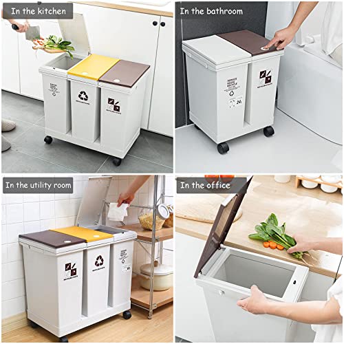 Kitchen Trash Can 16 gallon Recycle Bin,Triple Compartment Garbage Can,60L large capacity Trash Bins with Wheels,Plastic Waste Bin Sorting Garbage Container for Office Living Room,Grey,16 Gallon/60L