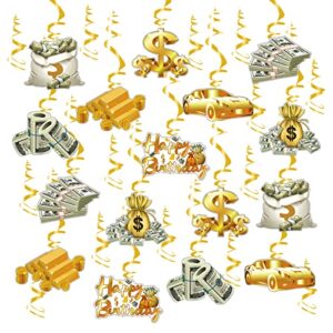 uomnicue money party decorations 30pcs gold money theme hanging swirls happy birthday money bag money theme birthday party decorations for adults bachelorette retirement anniversary graduations party