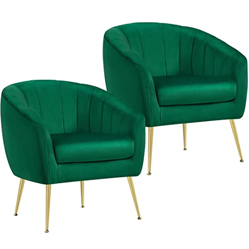 Yaheetech Accent Chair, Modern Barrel Vanity Chair with Gold Metal Legs, Tufted Accent Armchair for Living Room/Bedroom/Office/Makeup Room Green, Set of 2