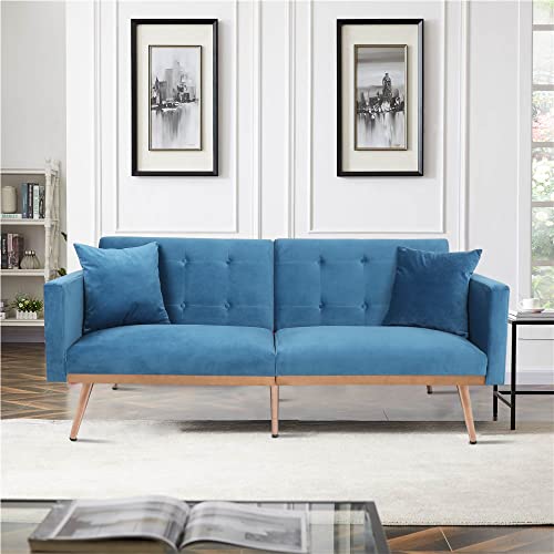 wirrytor 70" Velvet Futon Sofa Bed with Golden Metal Legs, Convertible Sleeper Bed, Modern Tufted Loveseat Sofa with Adjustable Backrest for Home Office Living Room Bedroom, Blue