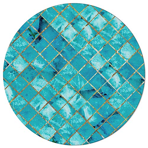 Round Area Rug Diamond Check Turquoise Teal Green Non-Slip Bedroom Round Area Rug Watercolor Soft Sofa Carpet Dining Room Entryway Foyer Living Room Area Rug 3 Feet Round