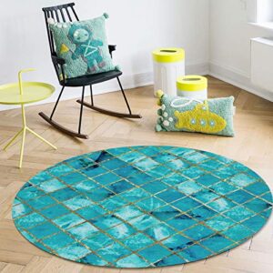 Round Area Rug Diamond Check Turquoise Teal Green Non-Slip Bedroom Round Area Rug Watercolor Soft Sofa Carpet Dining Room Entryway Foyer Living Room Area Rug 3 Feet Round