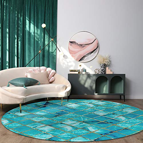 Round Area Rug Diamond Check Turquoise Teal Green Non-Slip Bedroom Round Area Rug Watercolor Soft Sofa Carpet Dining Room Entryway Foyer Living Room Area Rug 3 Feet Round