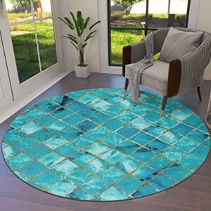 Round Area Rug Diamond Check Turquoise Teal Green Non-Slip Bedroom Round Area Rug Watercolor Soft Sofa Carpet Dining Room Entryway Foyer Living Room Area Rug 3 Feet Round