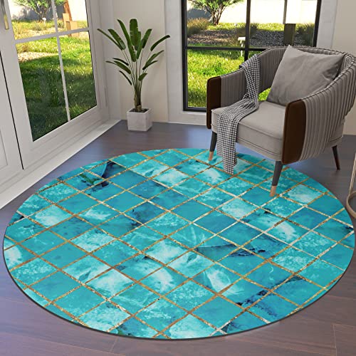 Round Area Rug Diamond Check Turquoise Teal Green Non-Slip Bedroom Round Area Rug Watercolor Soft Sofa Carpet Dining Room Entryway Foyer Living Room Area Rug 3 Feet Round