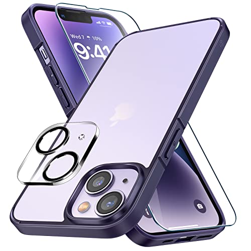 LK [3-in-1 for iPhone 14 Plus Case, with 2 Pcs Enhanced Lens Protectors + 2 Pcs 9H Tempered Glass Screen Protector [Military Grade Shockproof] [Anti-Fingerprint] Matte Slim Phone Case - Matte Purple