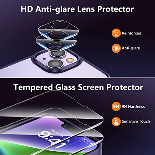 LK [3-in-1 for iPhone 14 Plus Case, with 2 Pcs Enhanced Lens Protectors + 2 Pcs 9H Tempered Glass Screen Protector [Military Grade Shockproof] [Anti-Fingerprint] Matte Slim Phone Case - Matte Purple