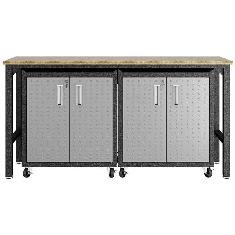 Pemberly Row Space Saving Metal 3 Piece Garage Storage Set with 2 Door Mobile Cabinet and 72" W Worktable