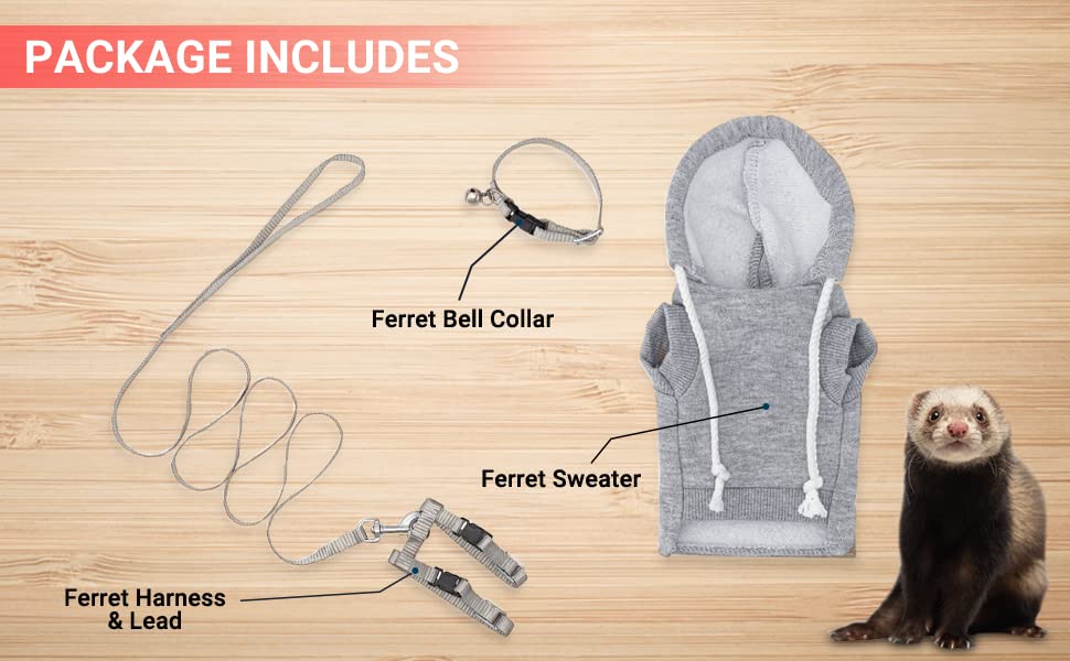 Ferret Sweater, Leash and Collar Set - Ferret Costume - Ferret Accessories - Small Ferret Clothes - Clothes for Ferrets - Ferret Stuff - Hoodies for Ferrets with Leash, Harness, and Collar