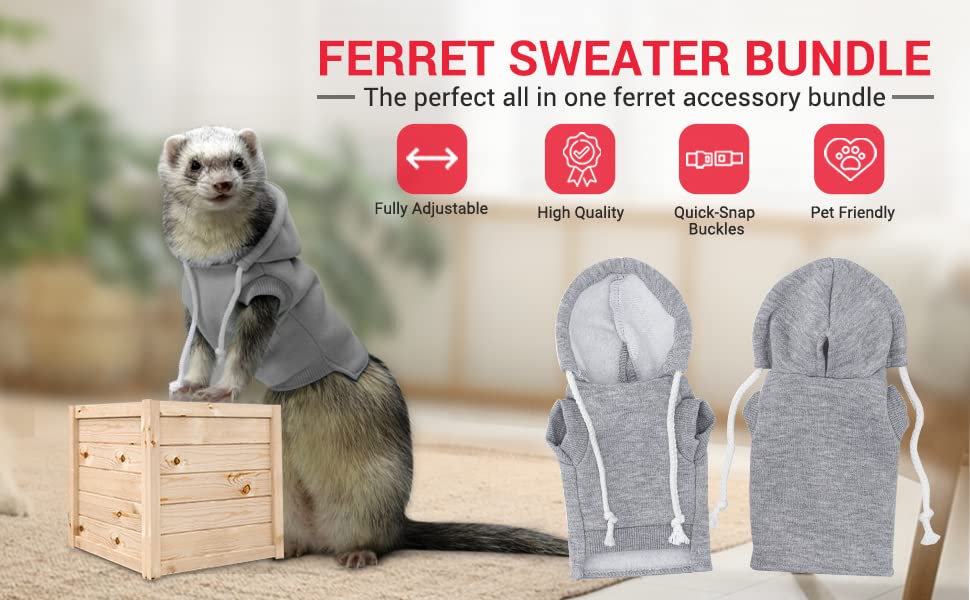 Ferret Sweater, Leash and Collar Set - Ferret Costume - Ferret Accessories - Small Ferret Clothes - Clothes for Ferrets - Ferret Stuff - Hoodies for Ferrets with Leash, Harness, and Collar