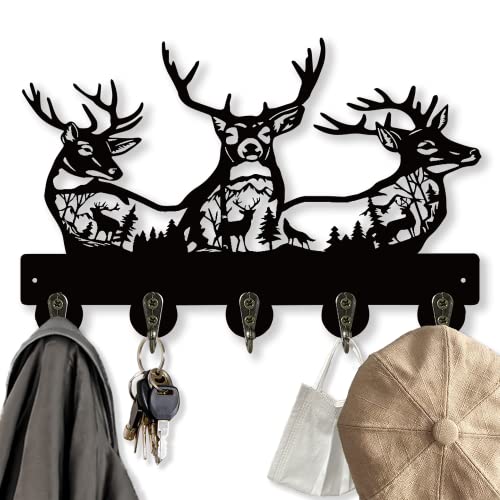 SCITOY Deer Key Hooks, Animal Theme Wall Mount Organizer, Wooden Key Holder / Hanger with 5 Metal Hooks,19*29*3cm Black Home Decoration for Storage, Living Room, Hallway, Office