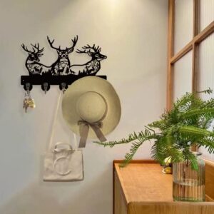 SCITOY Deer Key Hooks, Animal Theme Wall Mount Organizer, Wooden Key Holder / Hanger with 5 Metal Hooks,19*29*3cm Black Home Decoration for Storage, Living Room, Hallway, Office